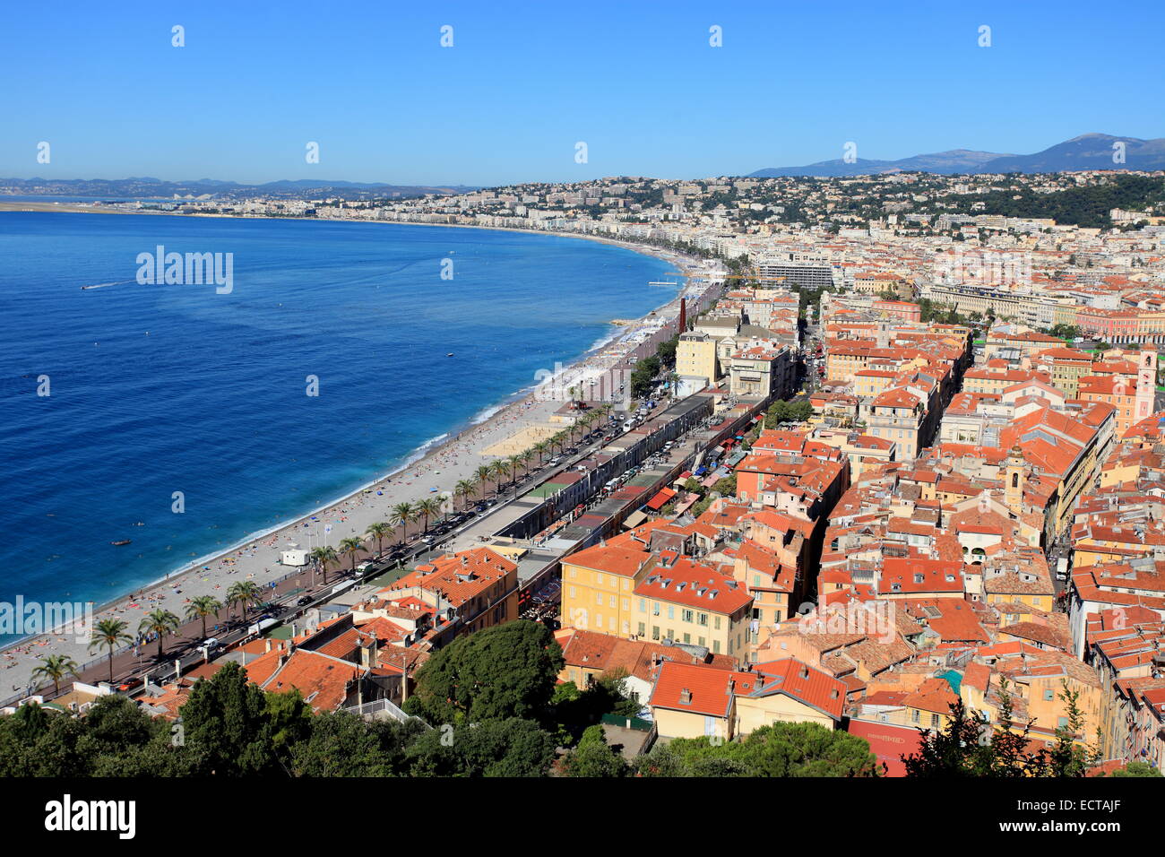 Top view above the roof top of the old town of Nice and the Promenade ...