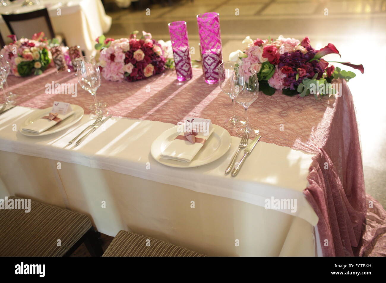 Wedding served decorated tables Stock Photo - Alamy