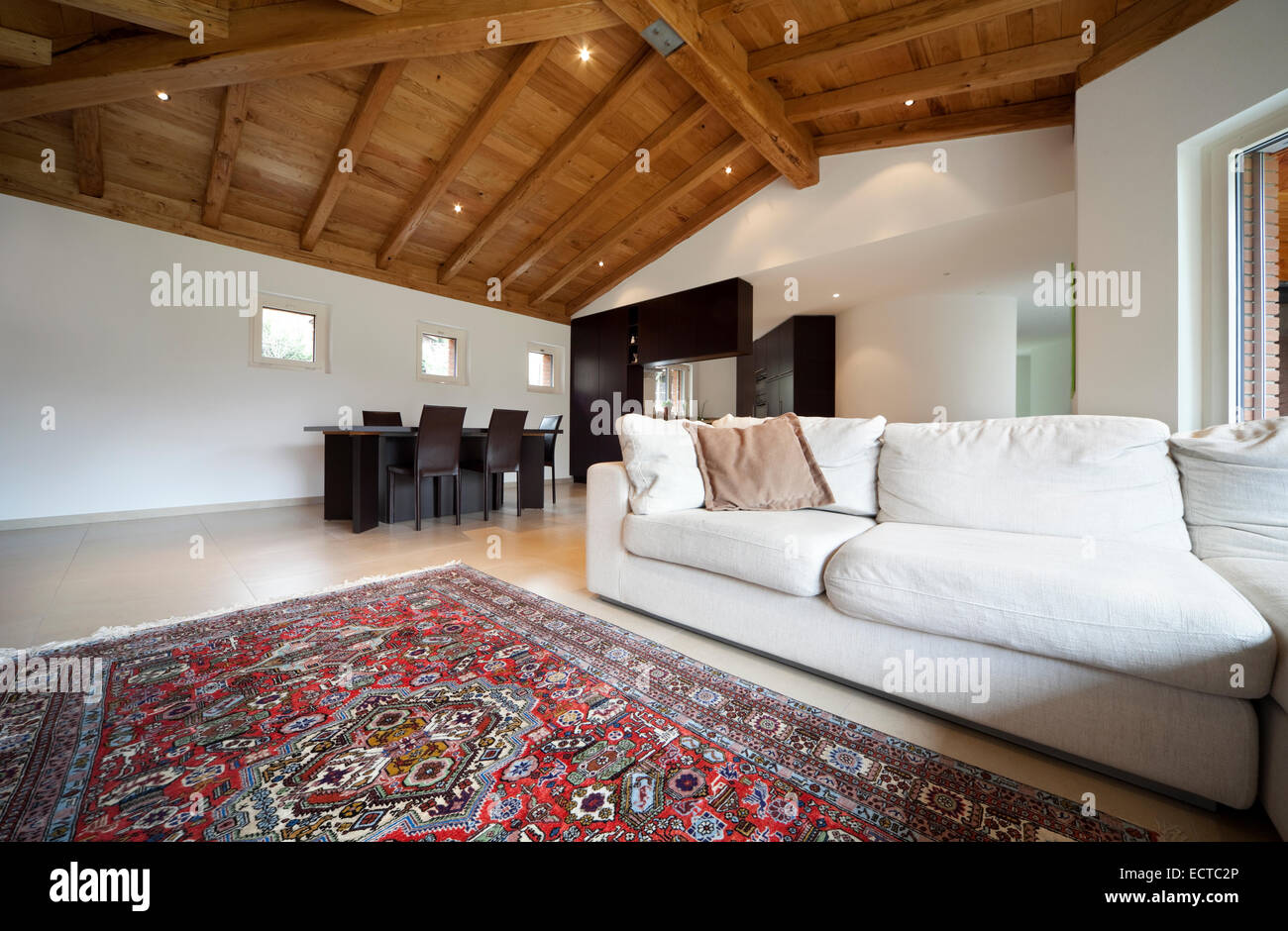 modern cozy apartment interior open space wooden roof Stock Photo - Alamy