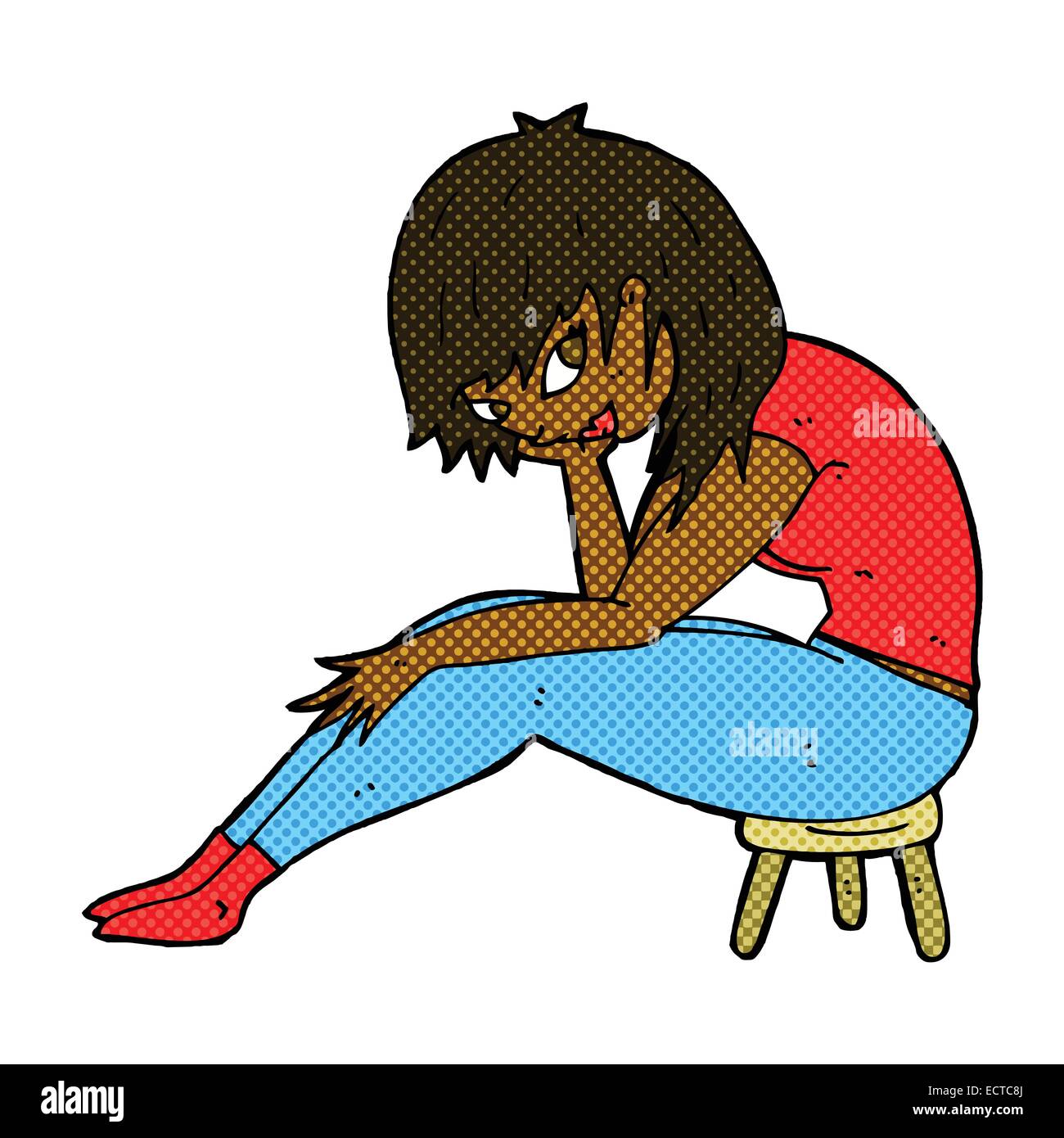 retro comic book style cartoon woman sitting on small stool Stock ...