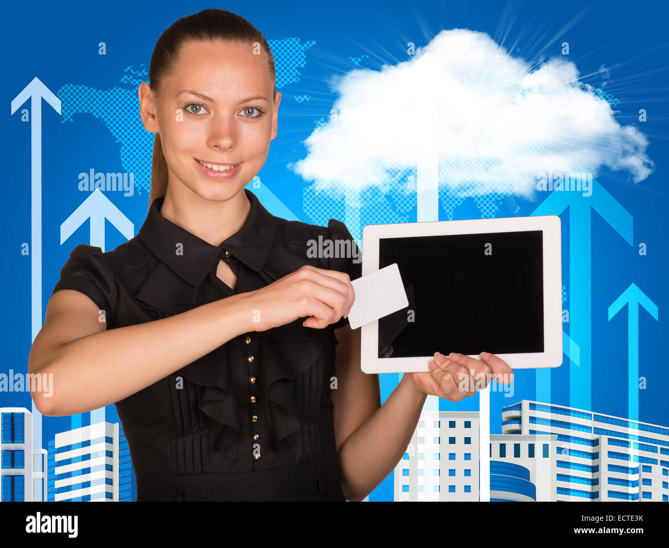 Beautiful businesswoman holding tablet PC. World map, buildings, clouds ...