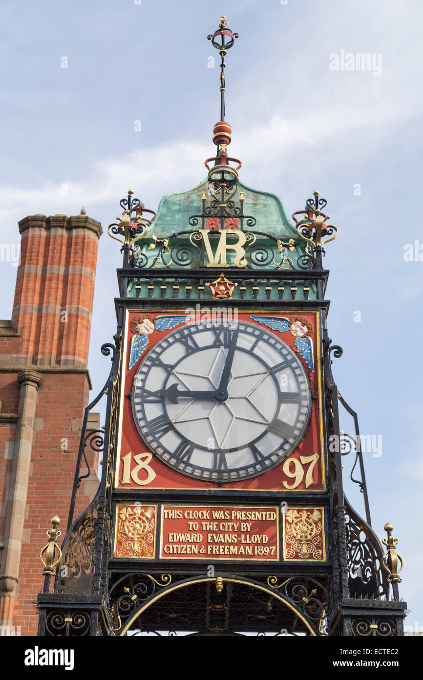 UK, Chester, the Jubilee clock, overlooking the main Chester highstreet ...
