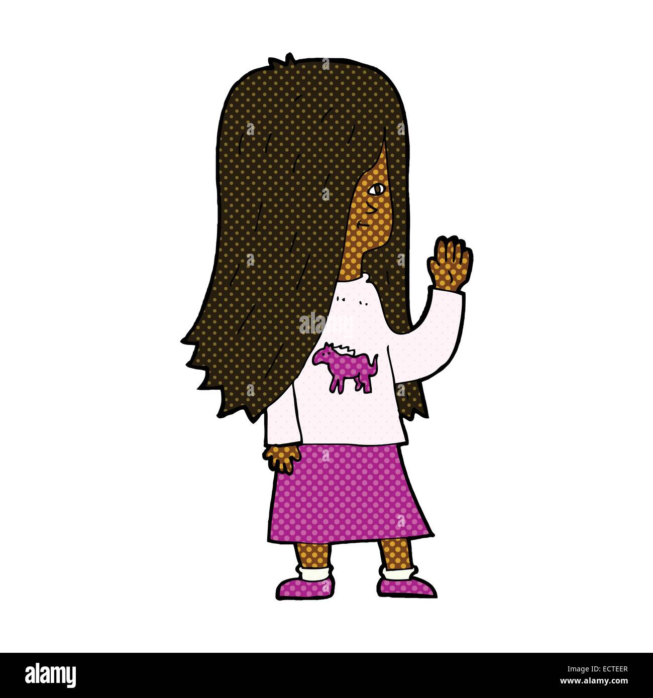 retro comic book style cartoon girl with pony shirt waving Stock Vector ...