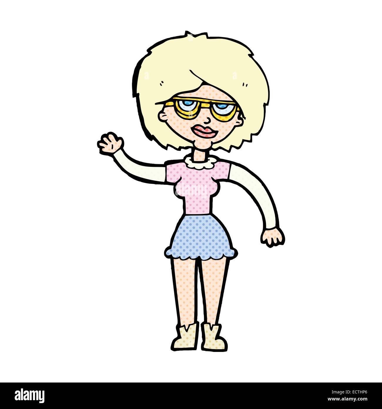 retro comic book style cartoon waving woman wearing spectacles Stock ...