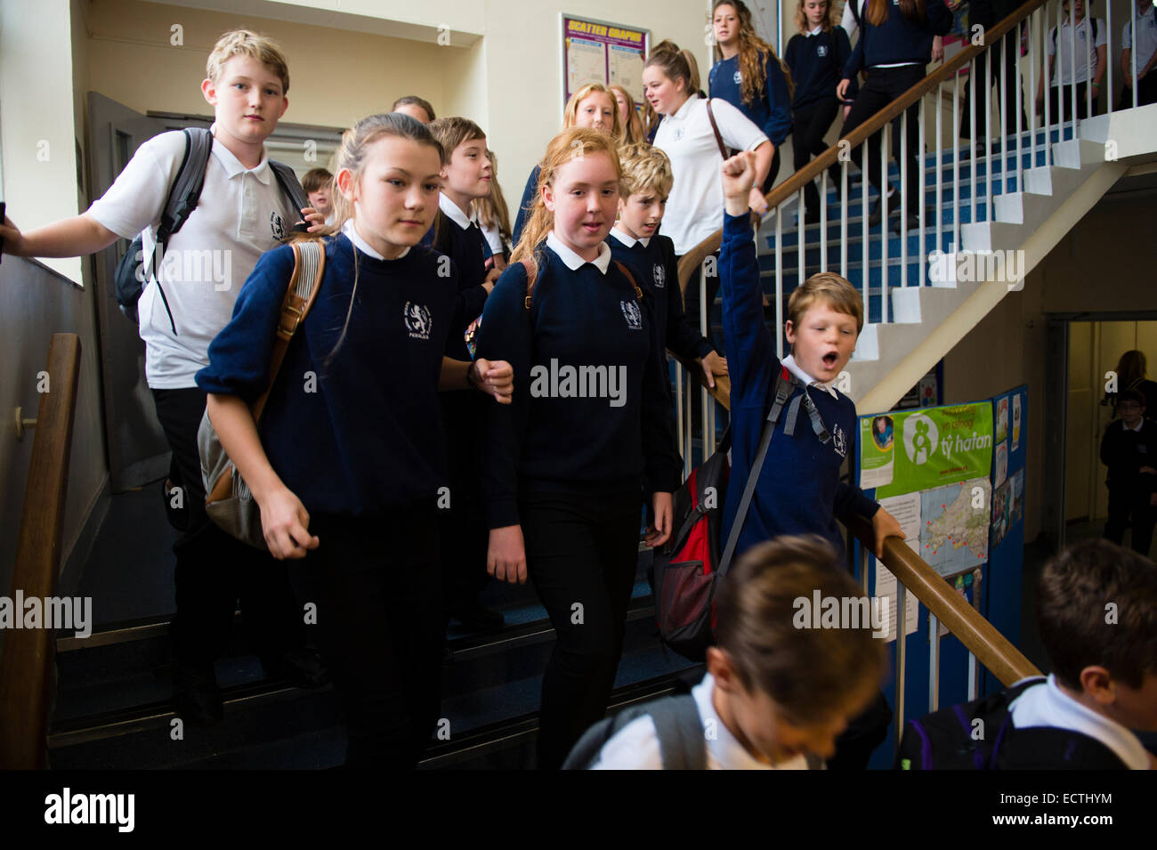Secondary school education Wales UK: pupils in the school corridor ...