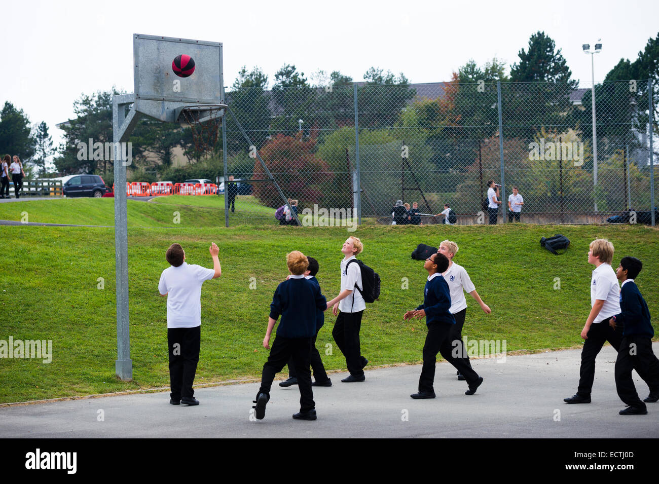 Secondary education Wales UK - school children outdoors on the campus ...