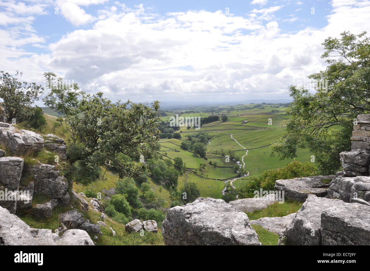 View from top of Malham Cove, a natural limestone formation a mile ...