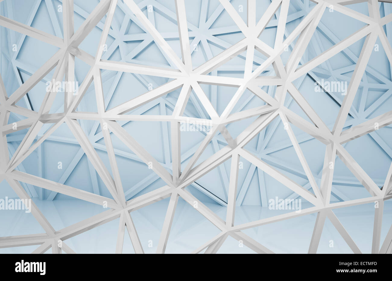 Abstract white and blue room interior with chaotic 3d wire frame ...