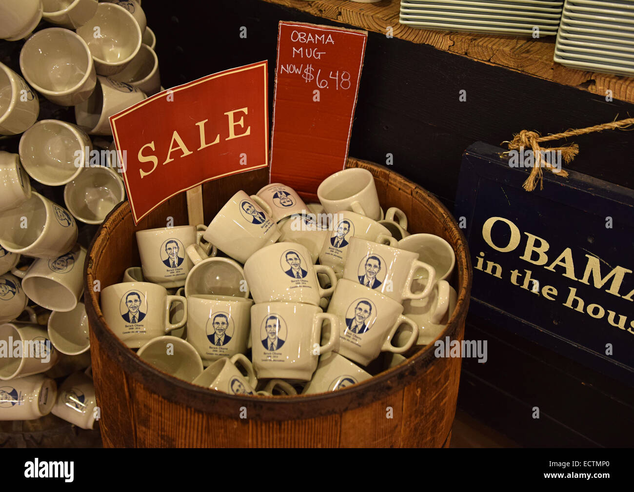 A display of Barak Obama coffee mugs for sale at the Fish's Eddy store ...