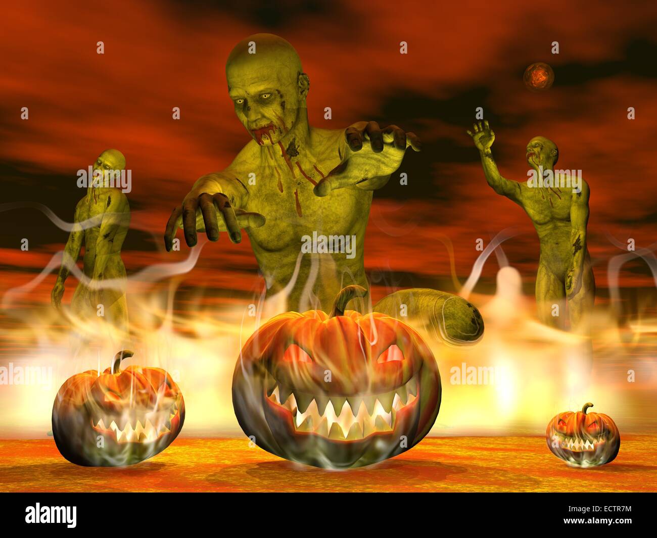 Three pumpkin lanterns burning on the ground, zombies behind by night ...