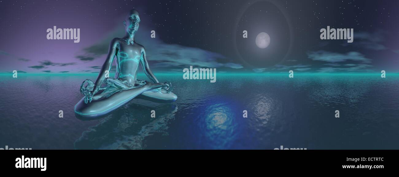 Blue man meditating upon the ocean in deep night with full moon, 360 ...