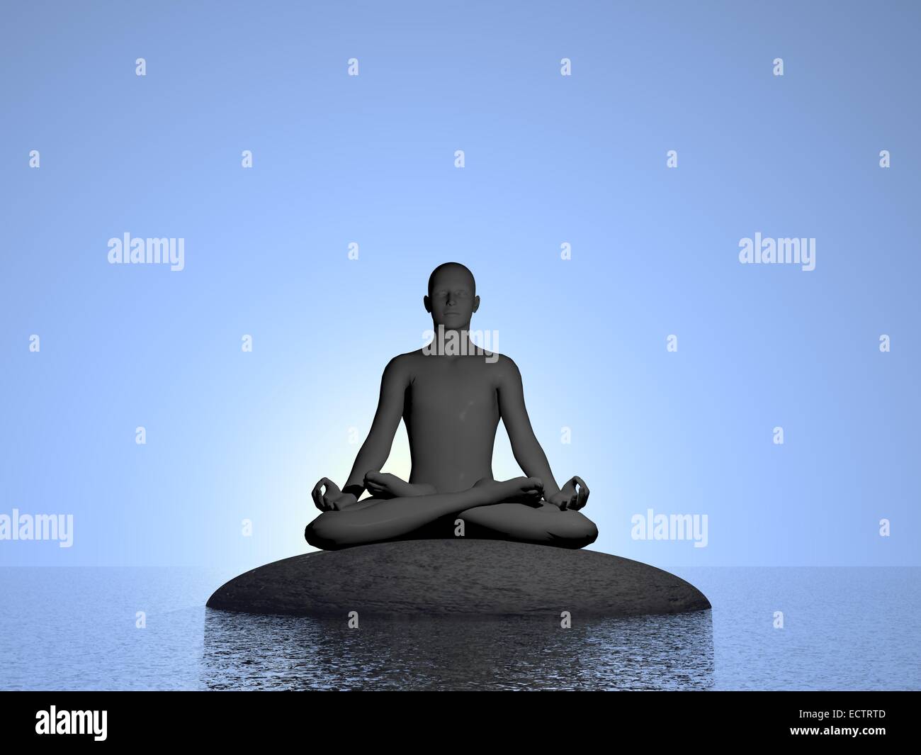 Shadow of man meditating upon a stone on the ocean in deep blue sky ...