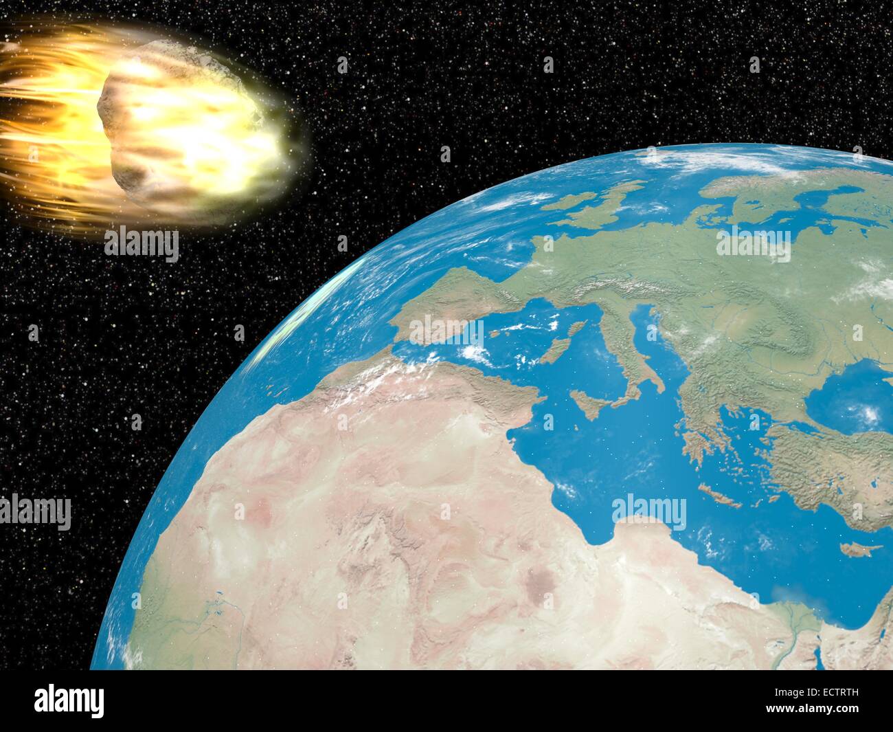 Big grey meteorite in fire going to earth into universe full of stars ...