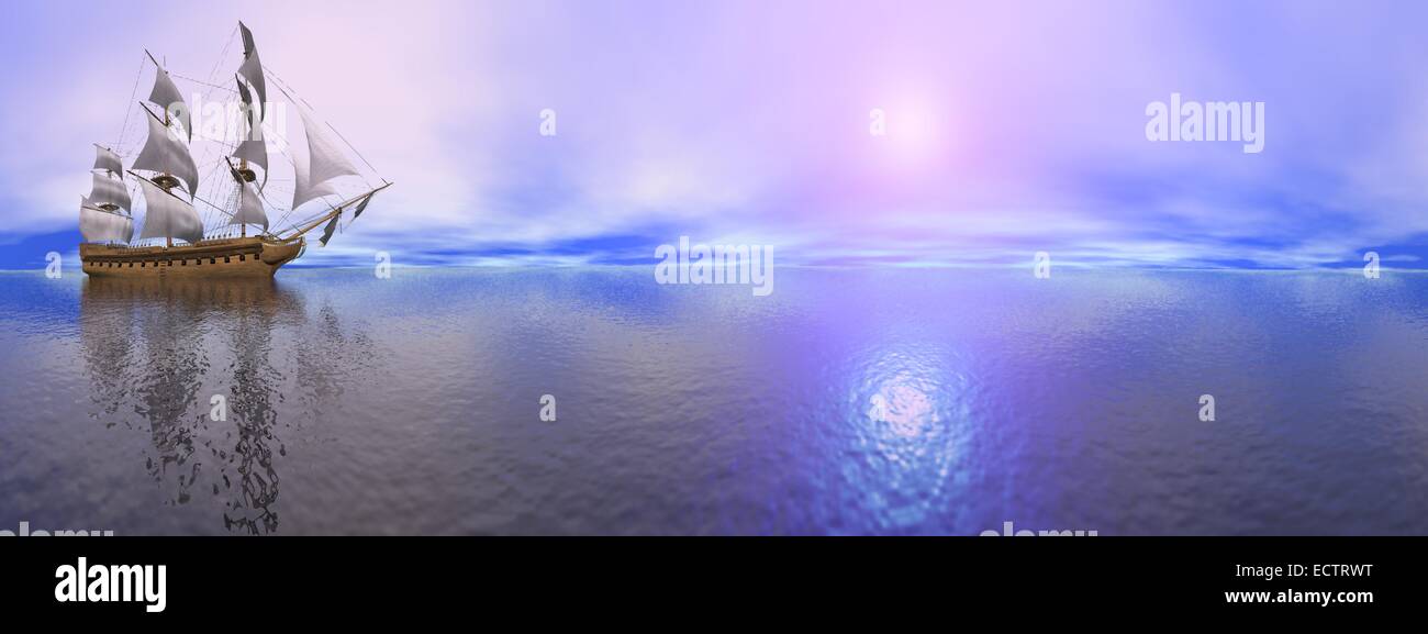 Beautiful old merchant ship floating on quiet water sunset, 360 degrees ...