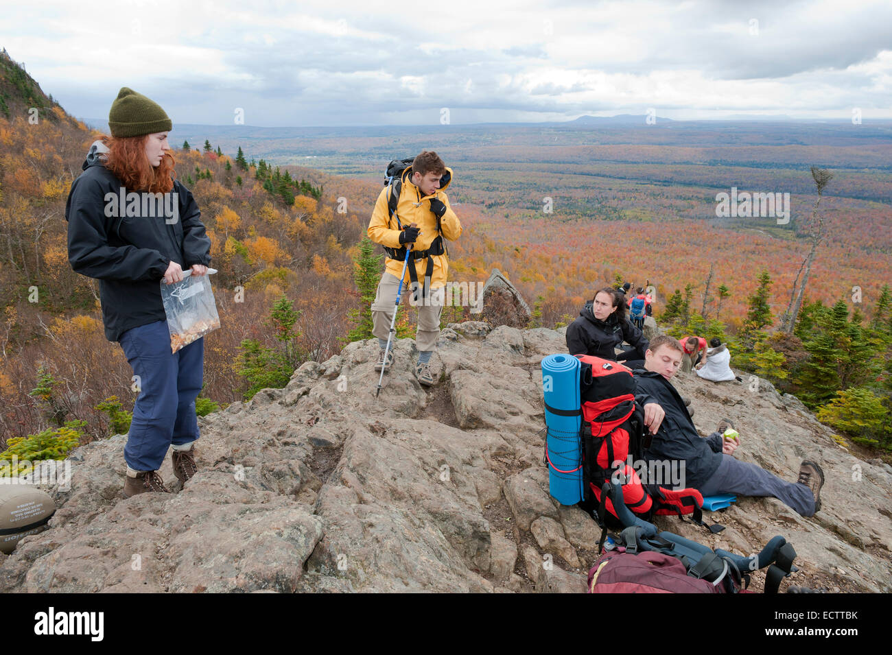 Hikers taking a break on Mont Chauve in Orford national park, province ...
