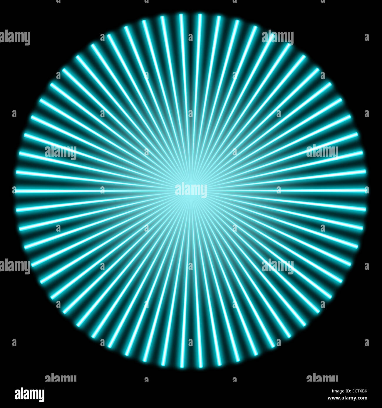 radial blue glowing striped pattern with bright center in black back ...