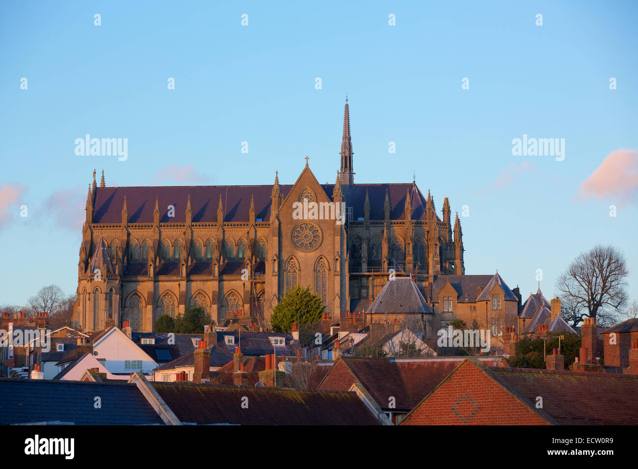 Arundel Cathedral. South profile of the historic building. Blue sky ...