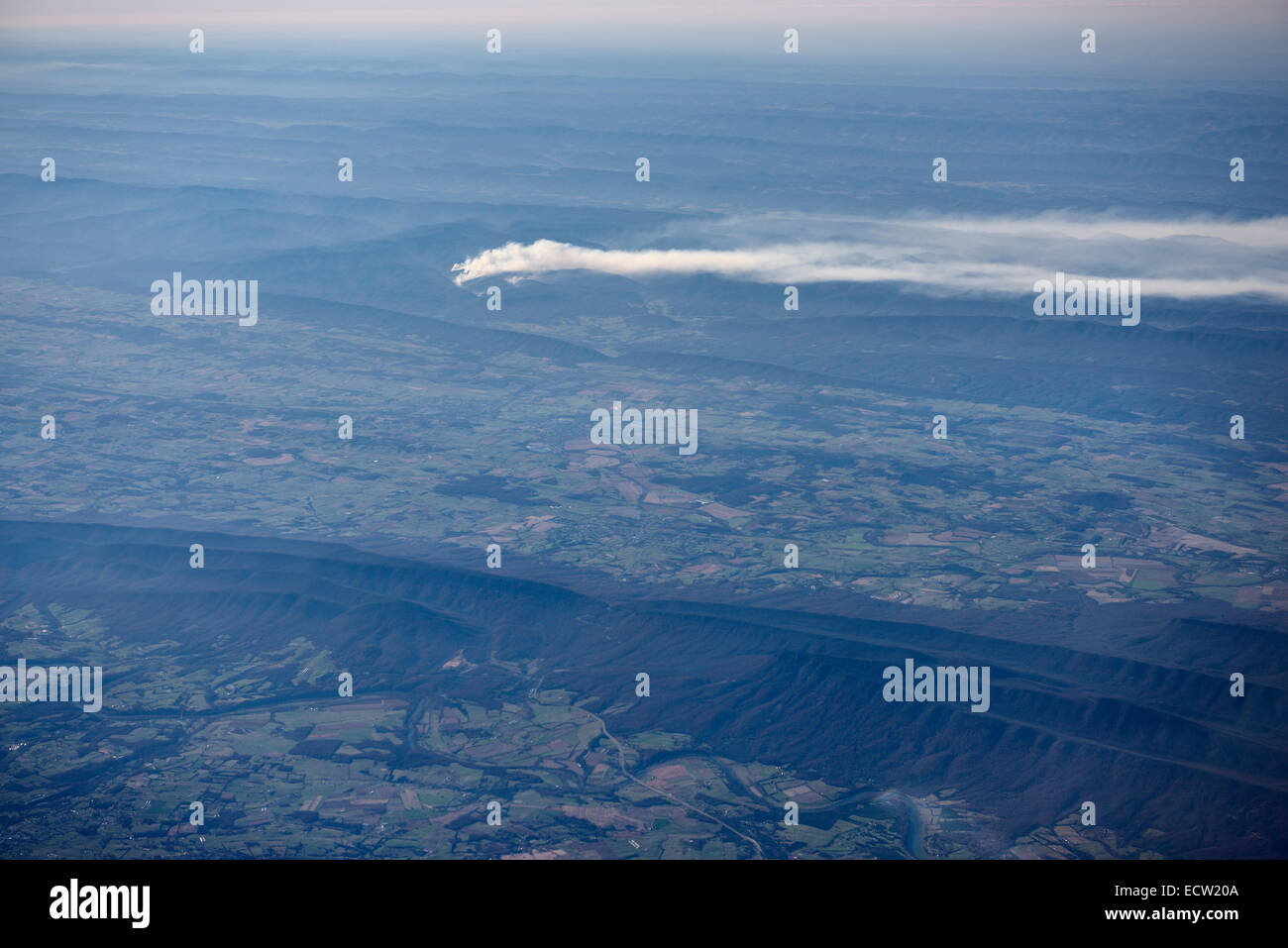 Aerial view of forest fire in Appalachian mountains at Fulks Run and ...