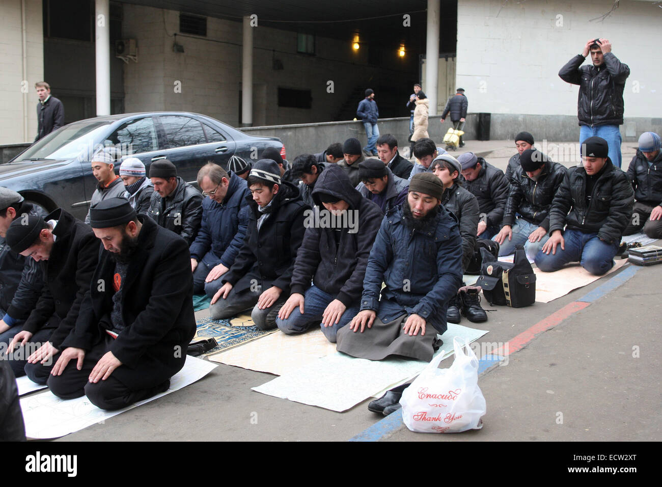 Muslim men praying near one of the oldest mosques in Moscow, Russia ...