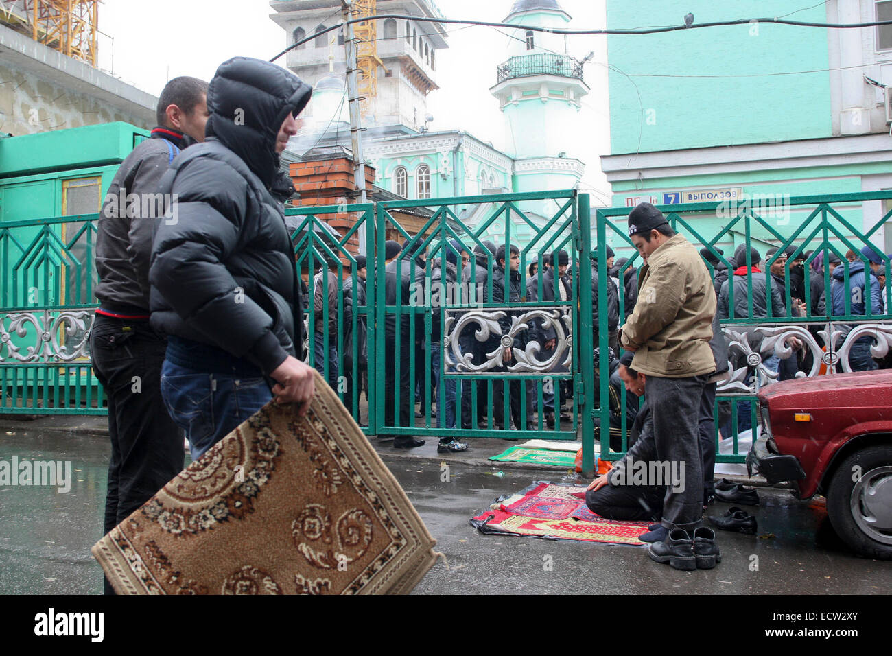 Muslim men praying near one of the oldest mosques in Moscow, Russia ...