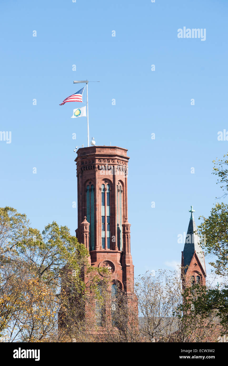 CAstle tower with USA and Smithsonian flags Stock Photo - Alamy