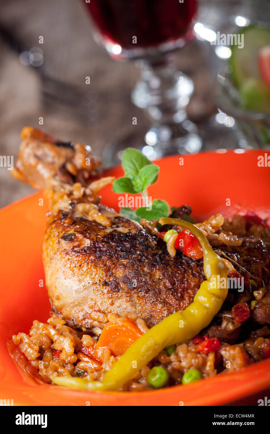 grilled chicken leg on rice with chillie Stock Photo - Alamy
