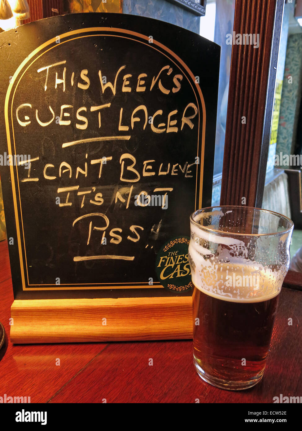 Comical sign on bar in real ale pub, 'This Weeks Guest Lager, I can't ...