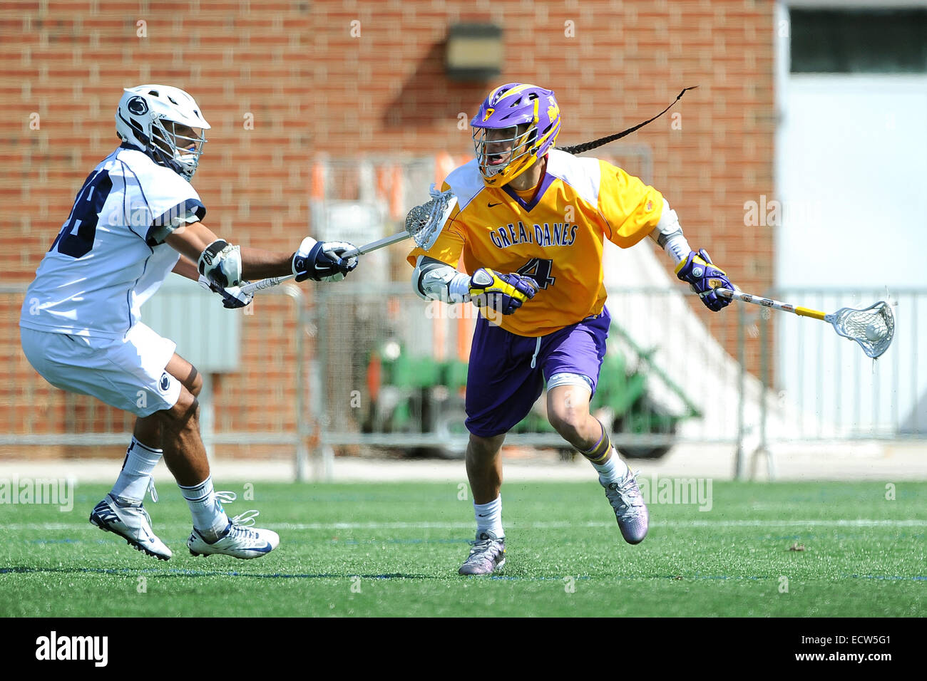 March 22, 2014: Albany Great Danes attackman Lyle Thompson (4) dodges ...
