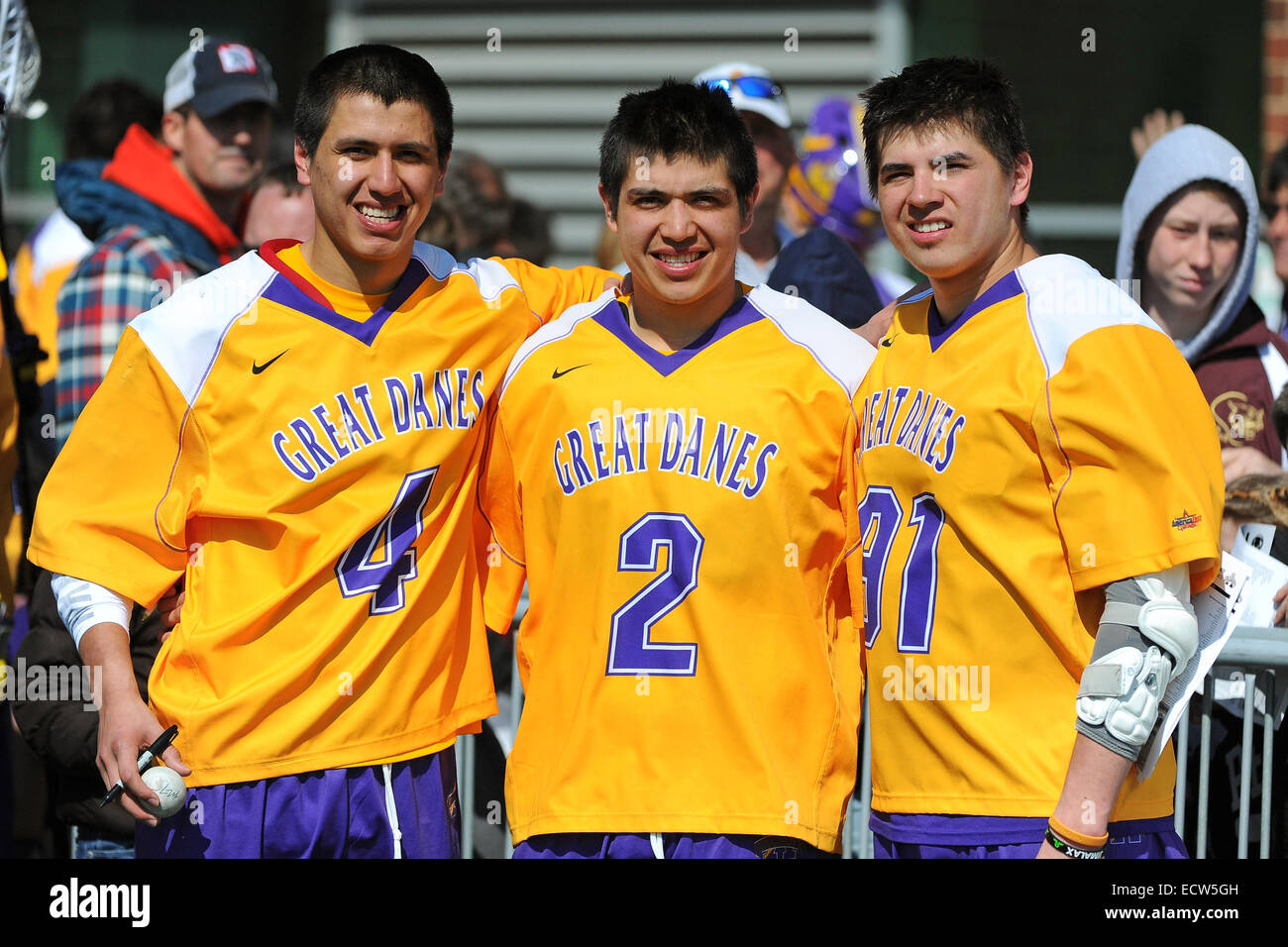 March 22, 2014: Albany Great Danes attackmen Lyle Thompson (4), Miles ...