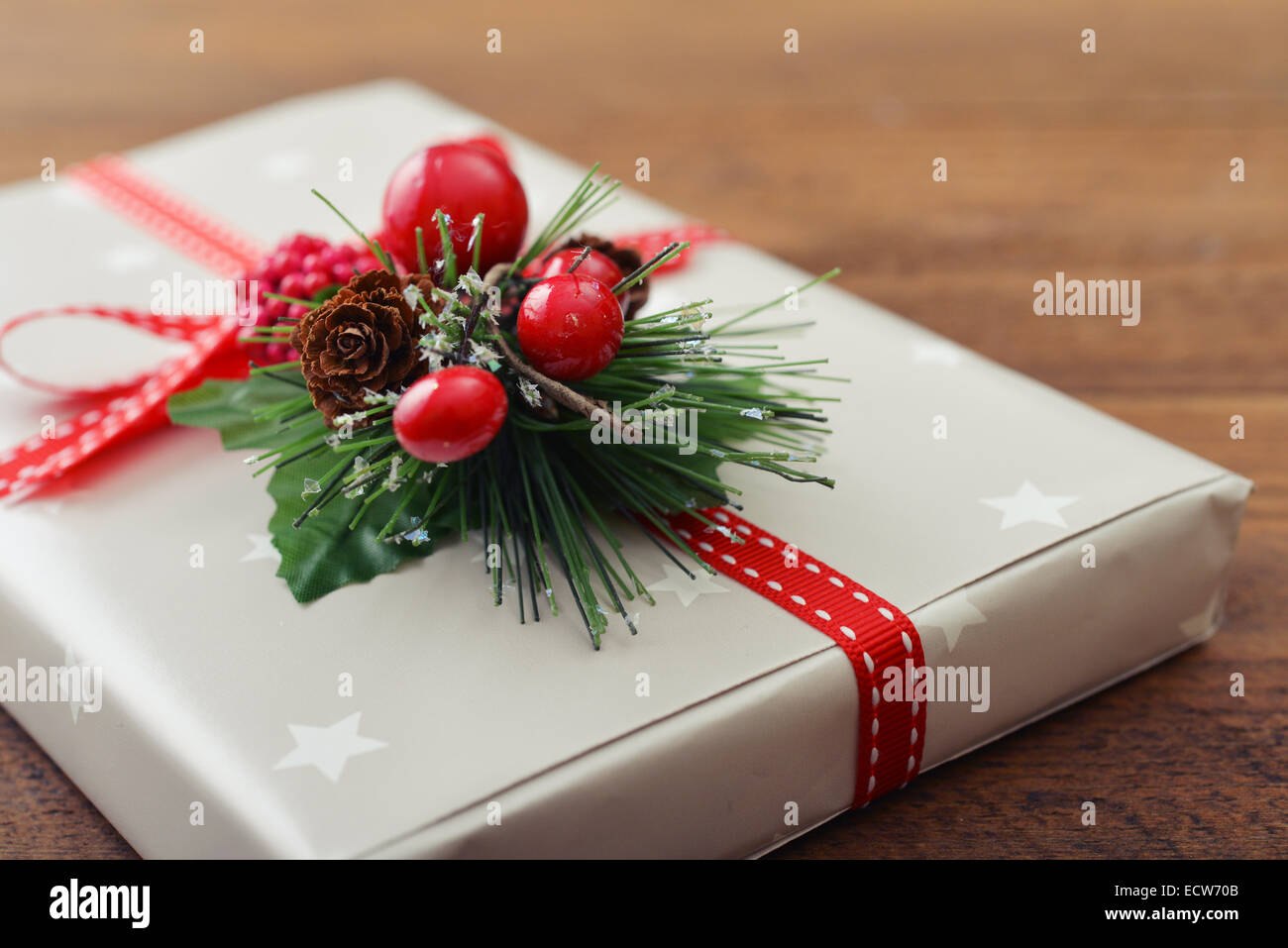Christmas present wrapped in decorative wrapping paper with red ribbon ...
