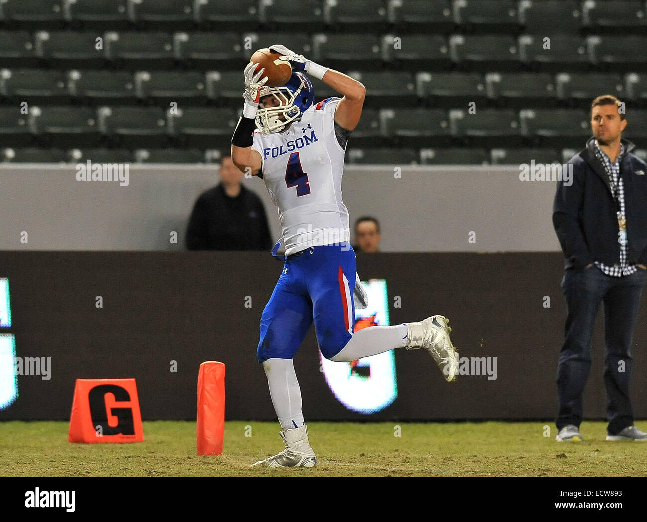Carson, CA. 19th Dec, 2014. Folsom Bulldogs WR Jake Morgado #4 catches ...