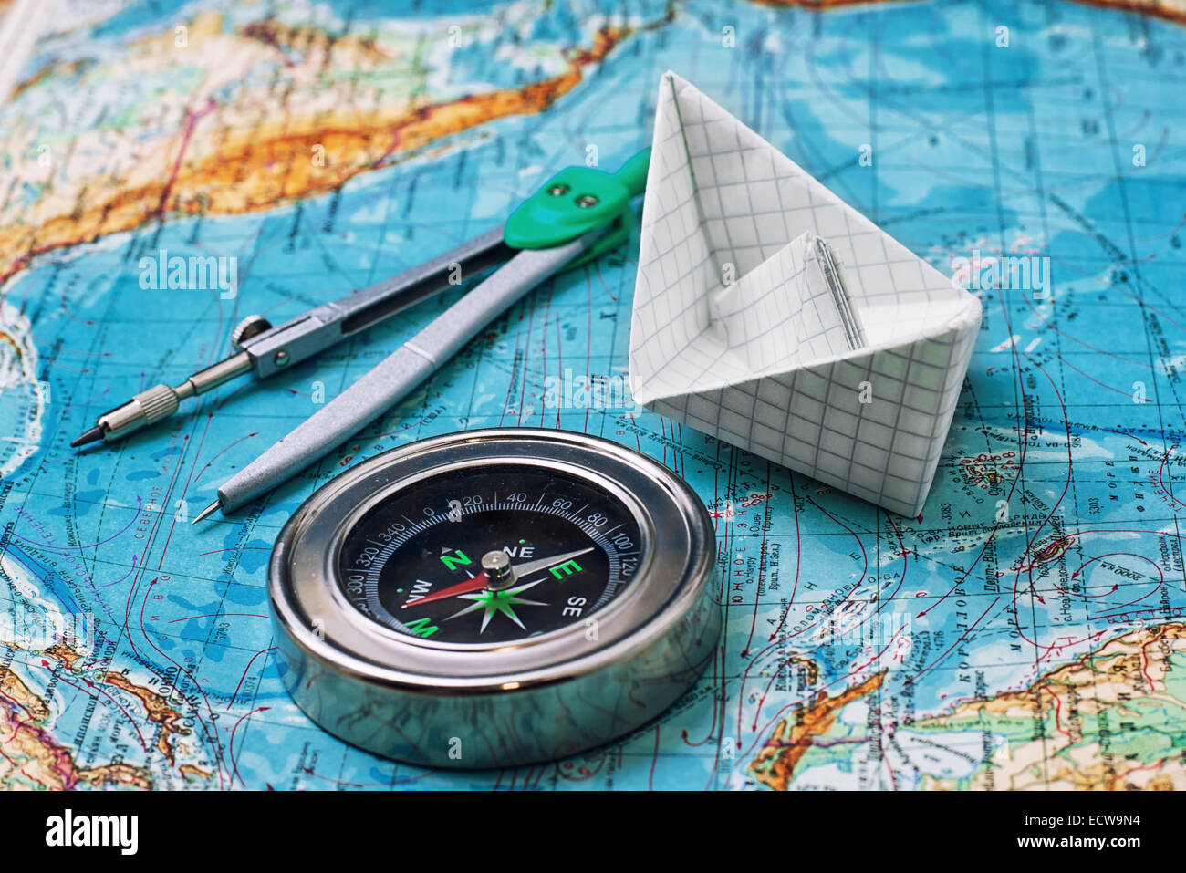 compass,map of the main tourist instruments Stock Photo - Alamy