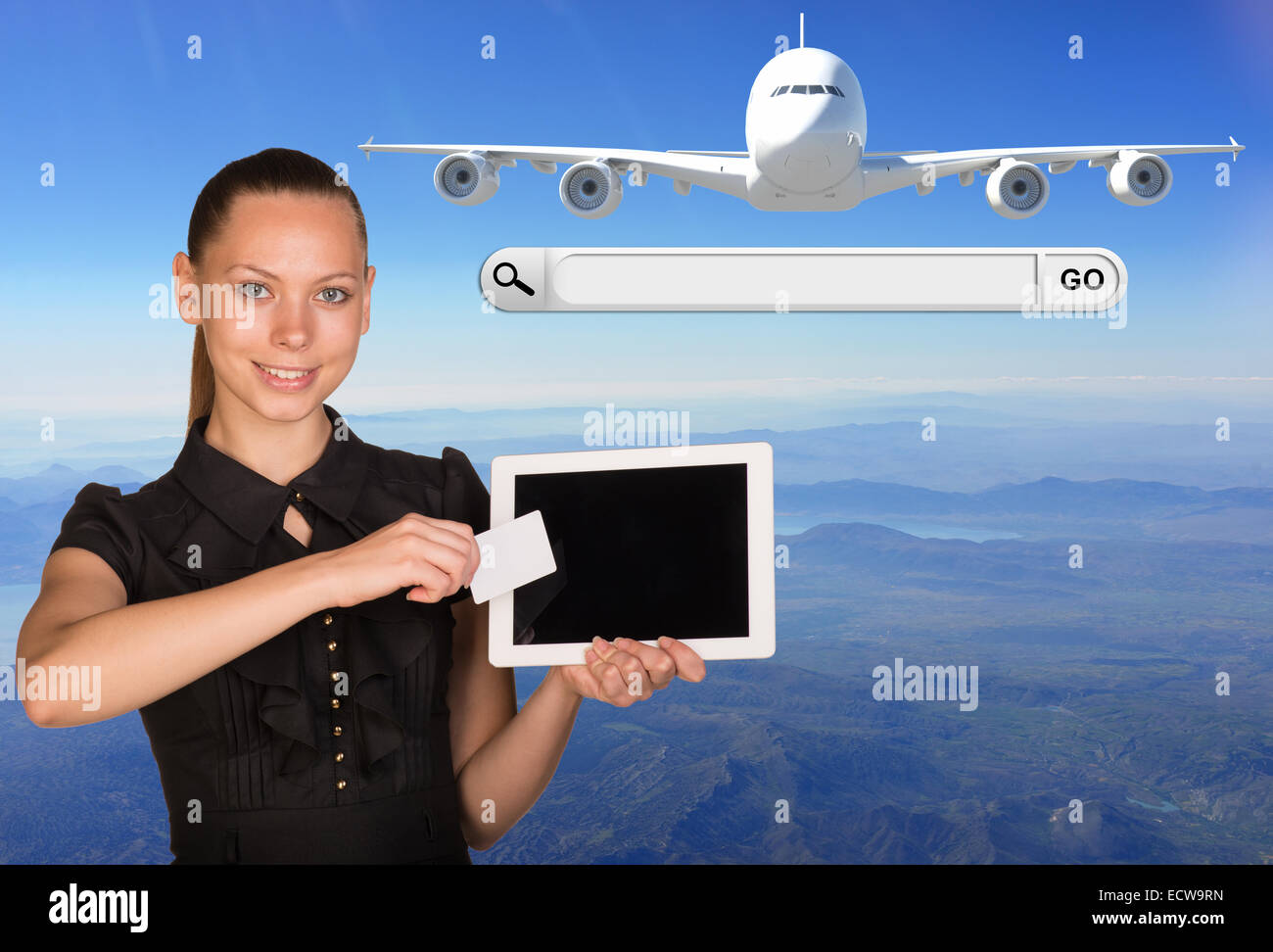 Beautiful businesswoman holding tablet PC. Beside are jet airplane and ...