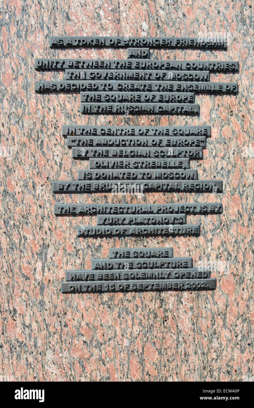 close up of words on memorial stone in the Square of Europe, Moscow ...