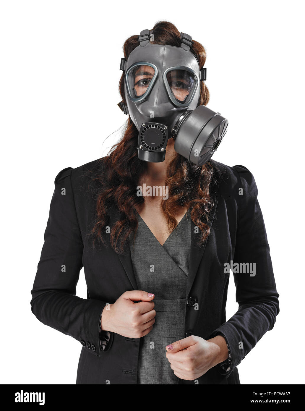 Business looking young adult woman posing on a personal gas mask on her ...