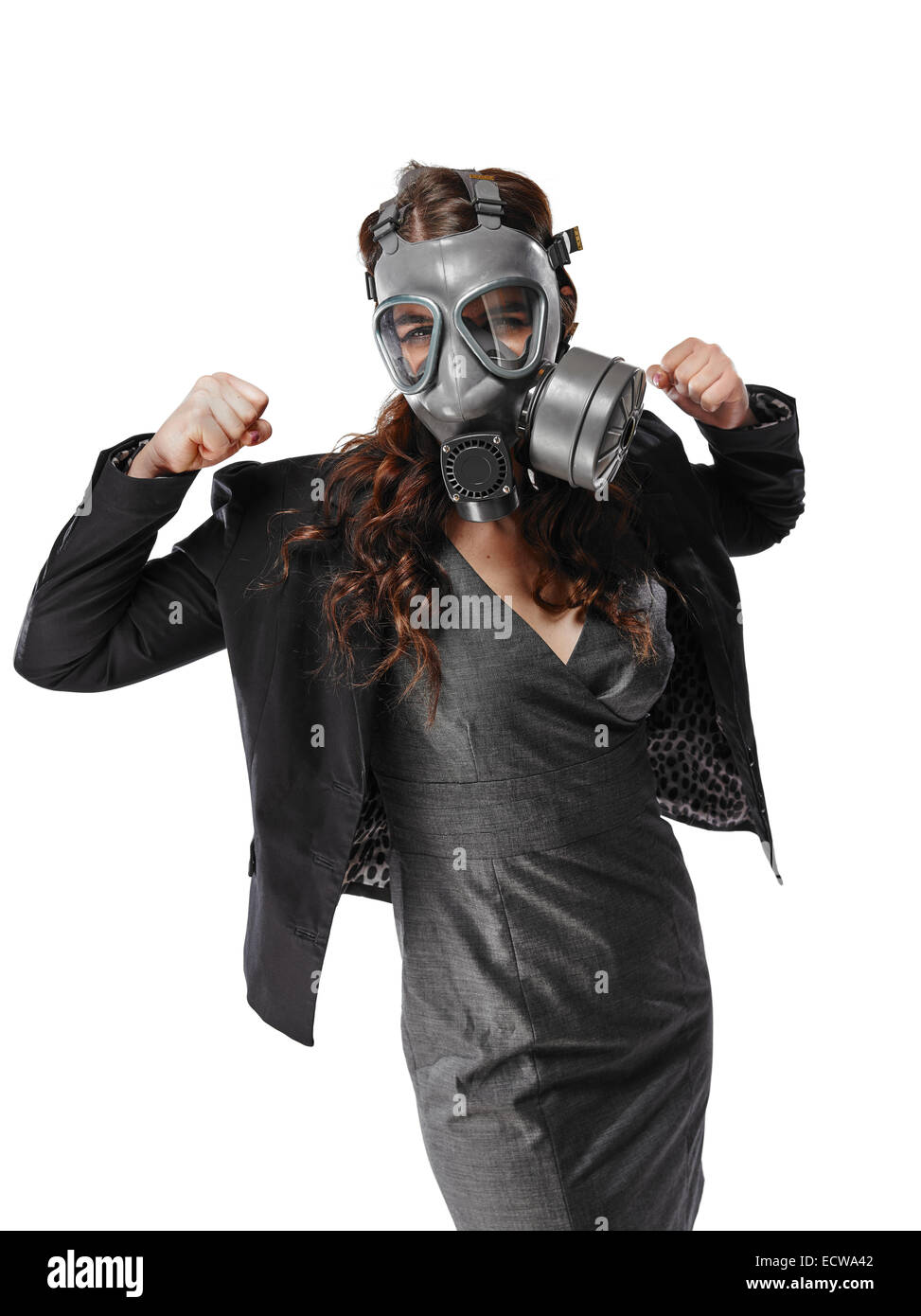 Business looking young adult woman wearing a personal gas mask and she ...
