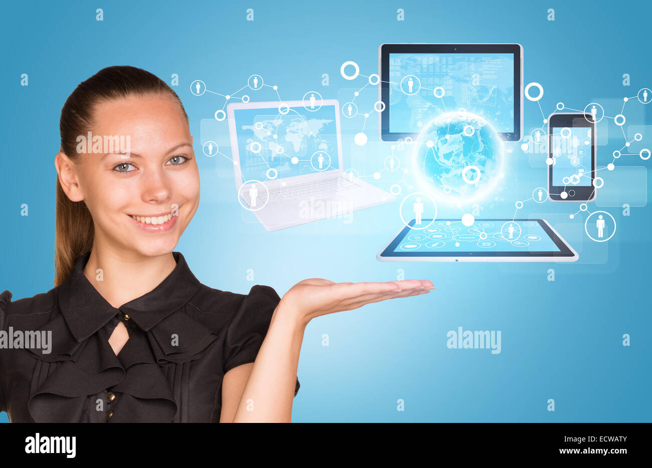 Beautiful businesswoman demonstrating computer equipment Stock Photo ...