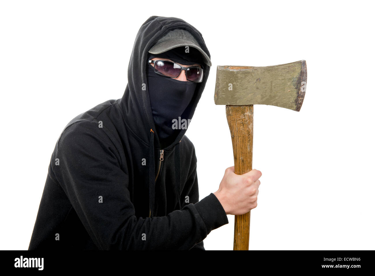 an offender attack with ax on the white background Stock Photo - Alamy