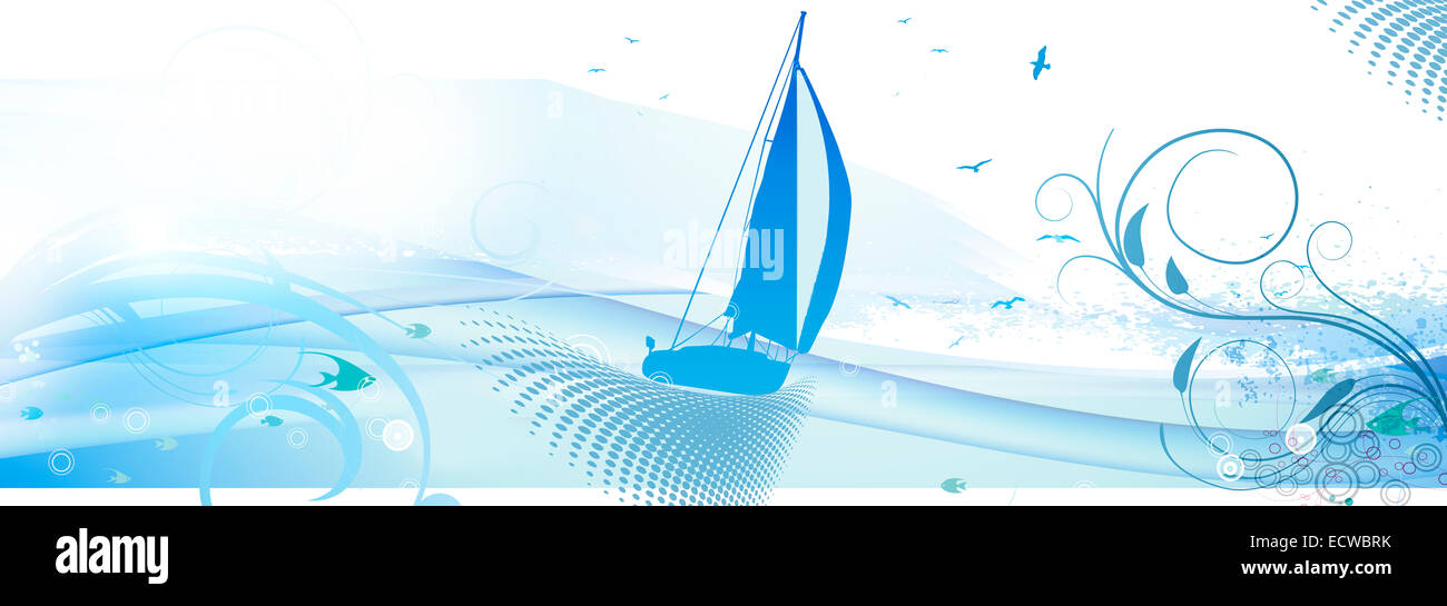 Blue futuristic background with yacht and other abstract elements for ...