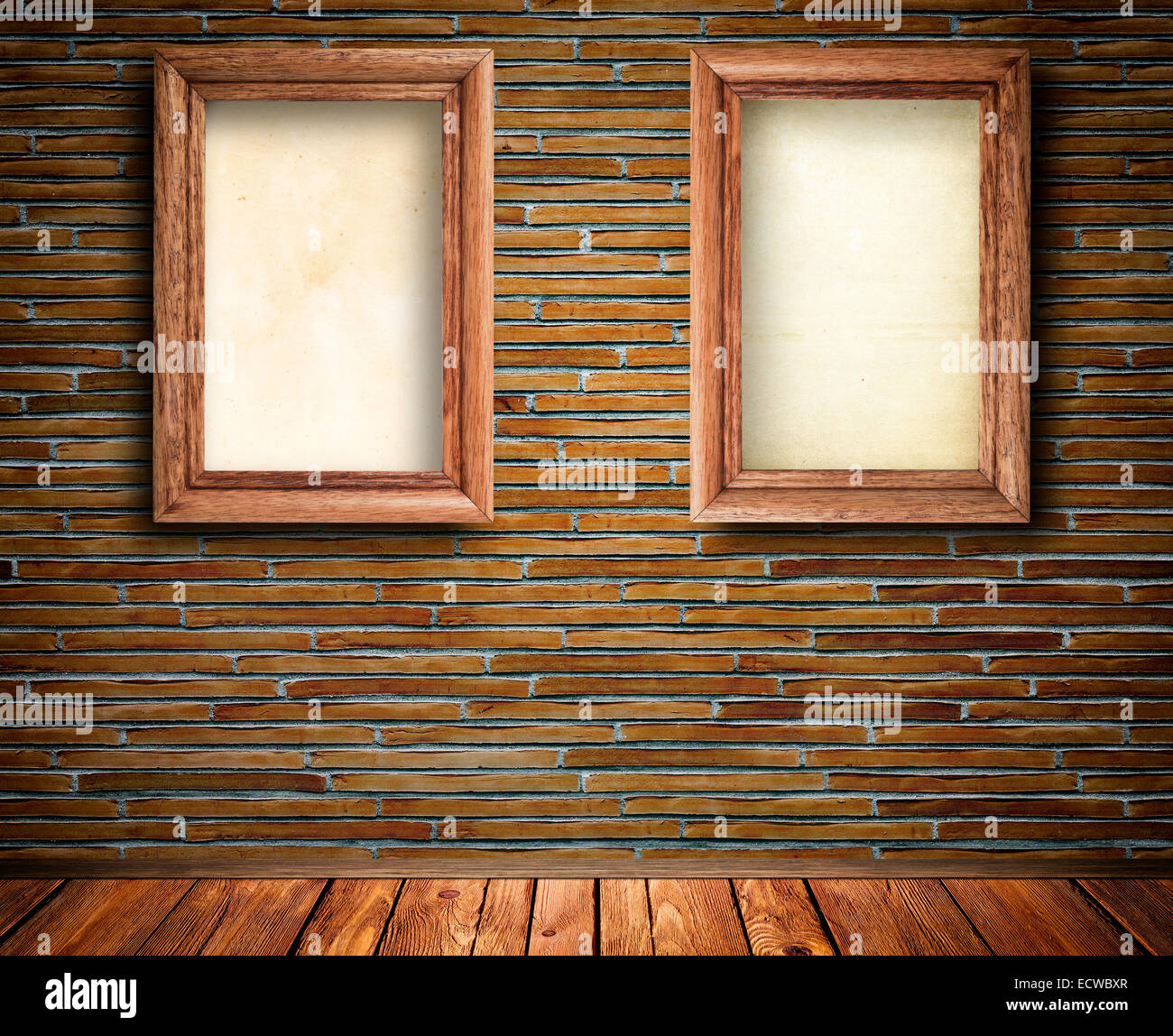 Two wooden frames on old bricks wall. Natural bricks and wood textures ...