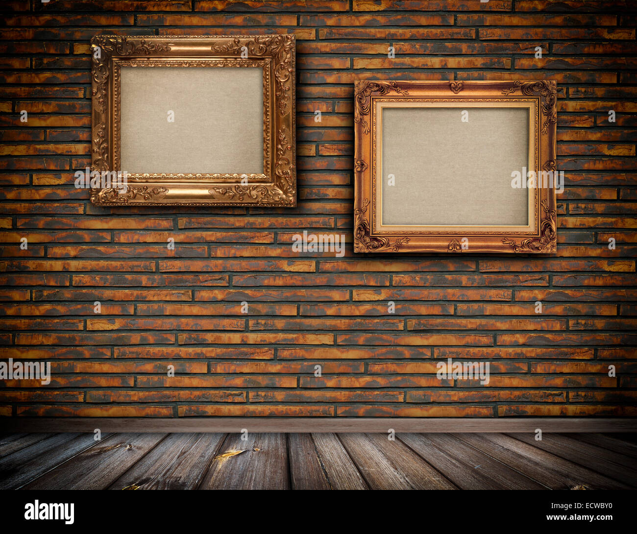Two old-fashioned wooden frames on a bricks wall Stock Photo - Alamy