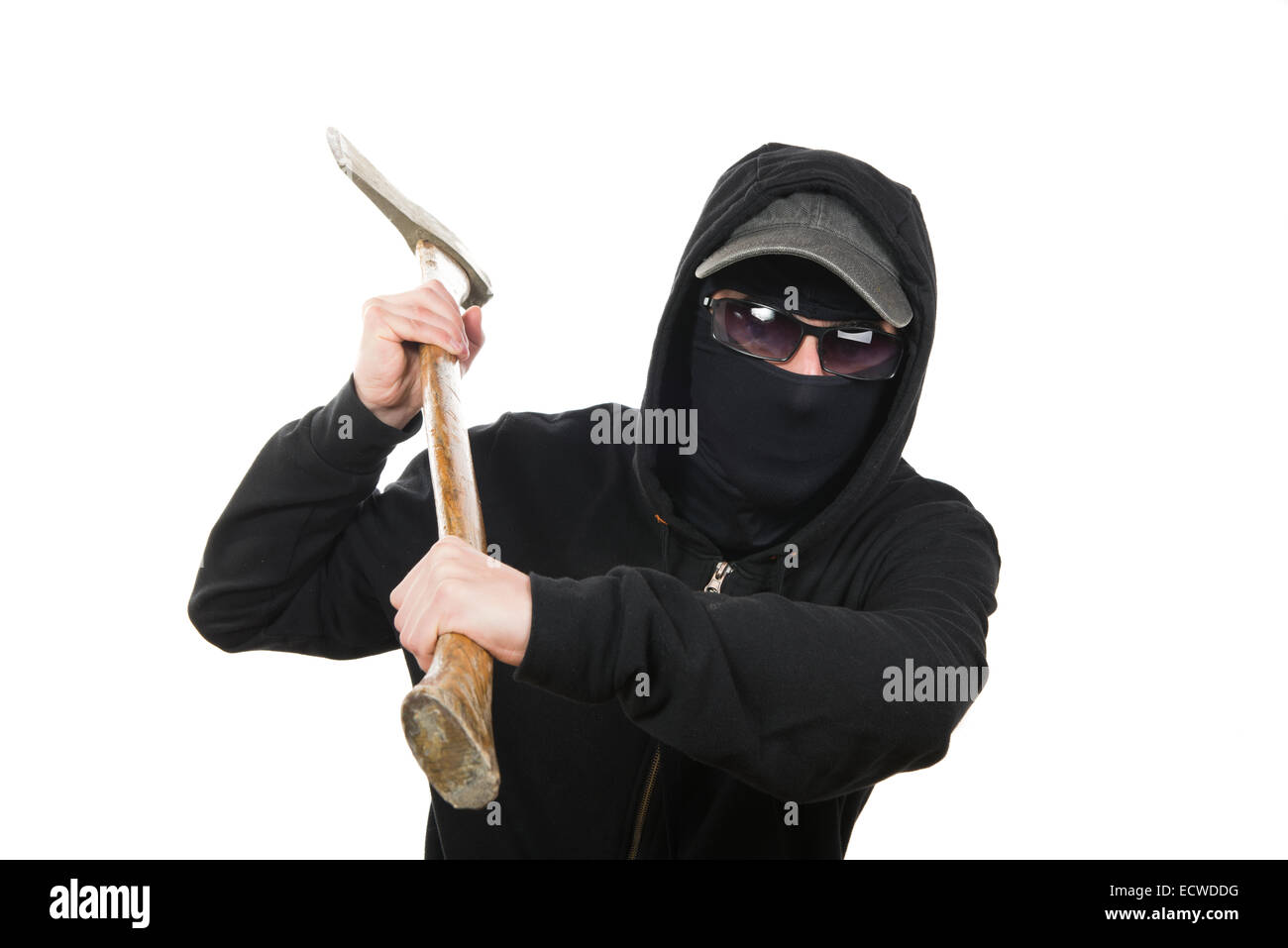 an offender attack with ax on the white background Stock Photo - Alamy