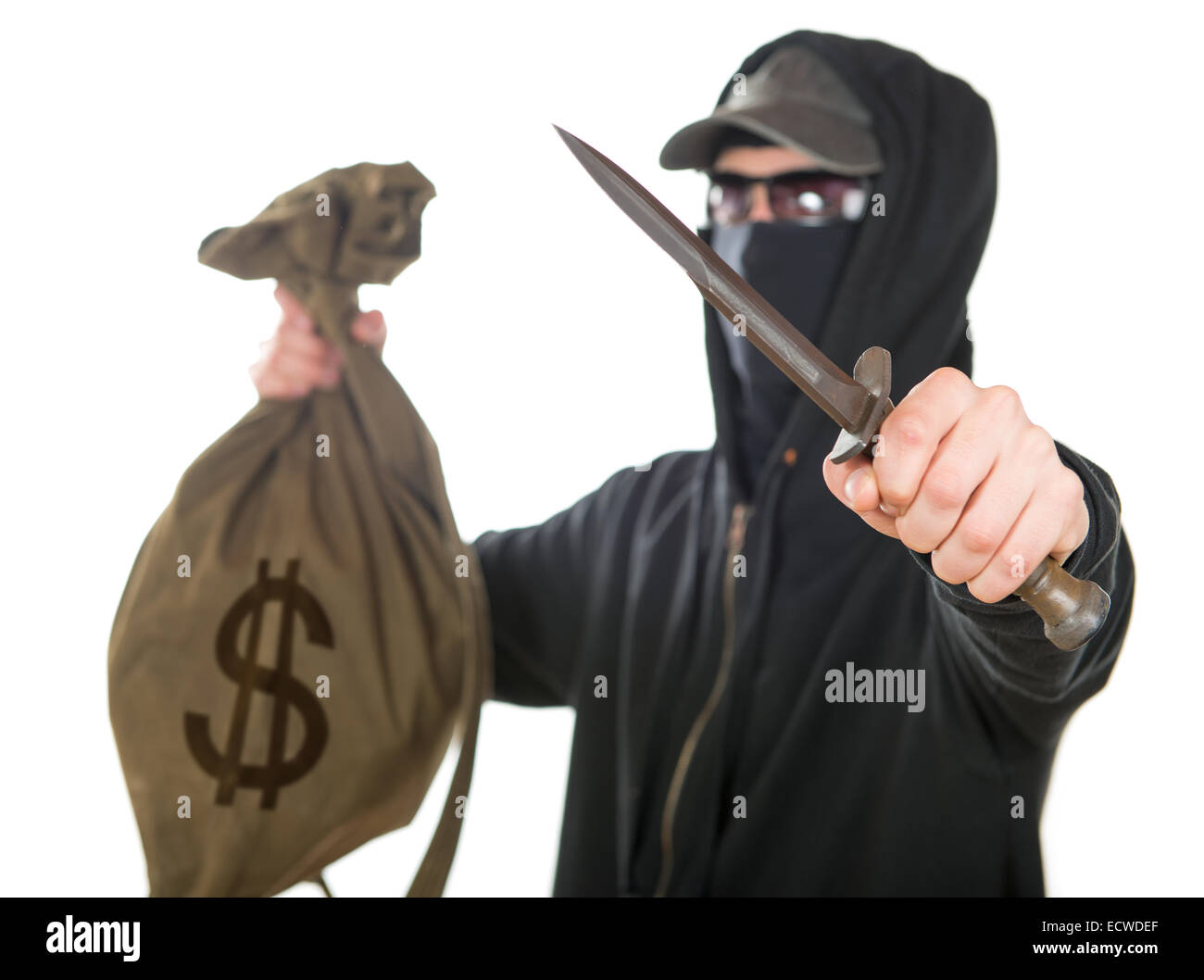 hooded robber with a dagger and a bag of money Stock Photo - Alamy