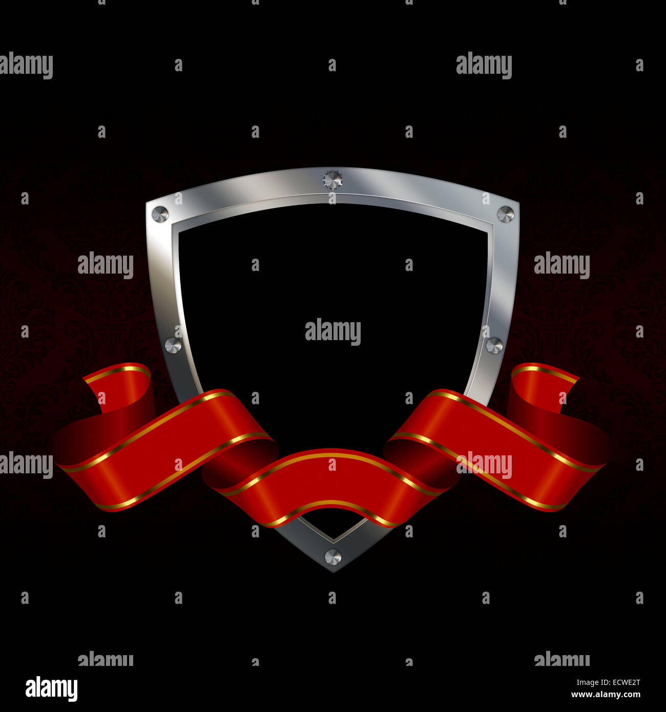 Medieval riveted shield with red ribbon on black background Stock Photo ...
