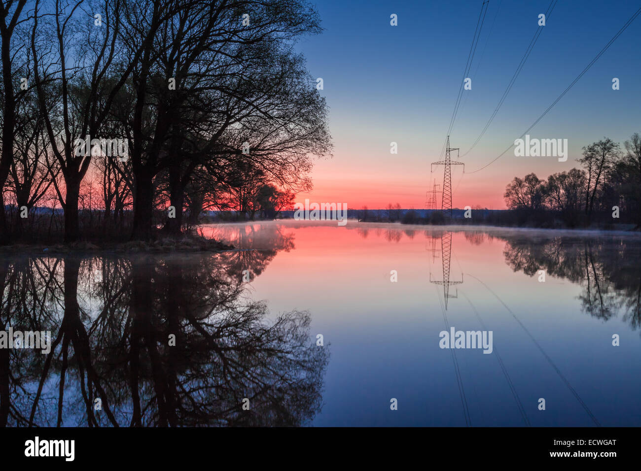 Landscape with Power Line on sunset, sunrise Stock Photo - Alamy
