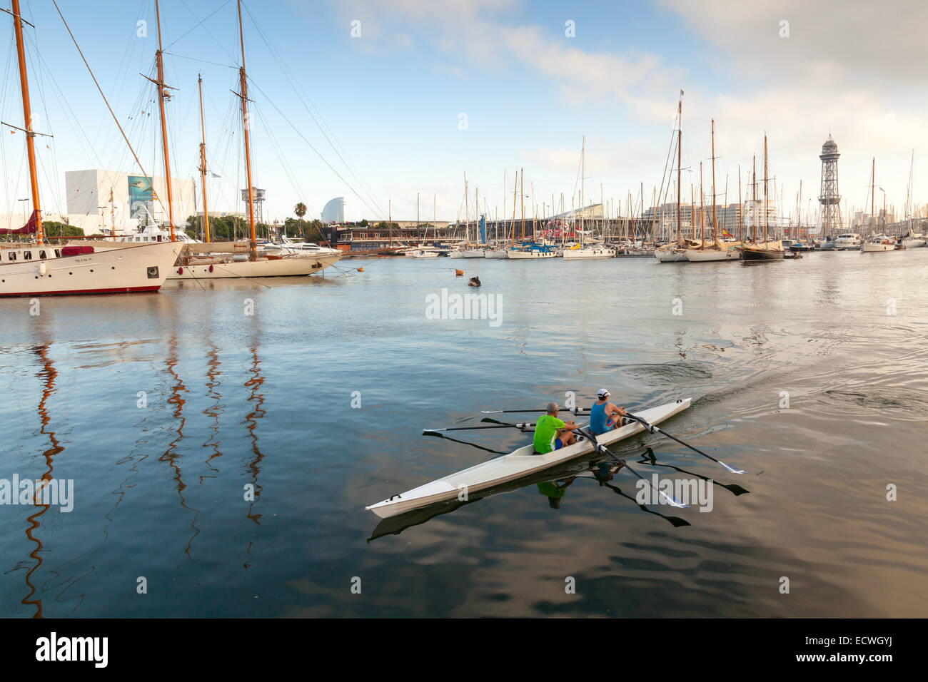 Barcelona, Spain - August 26, 2014: Twin sport racing rowing boat goes ...