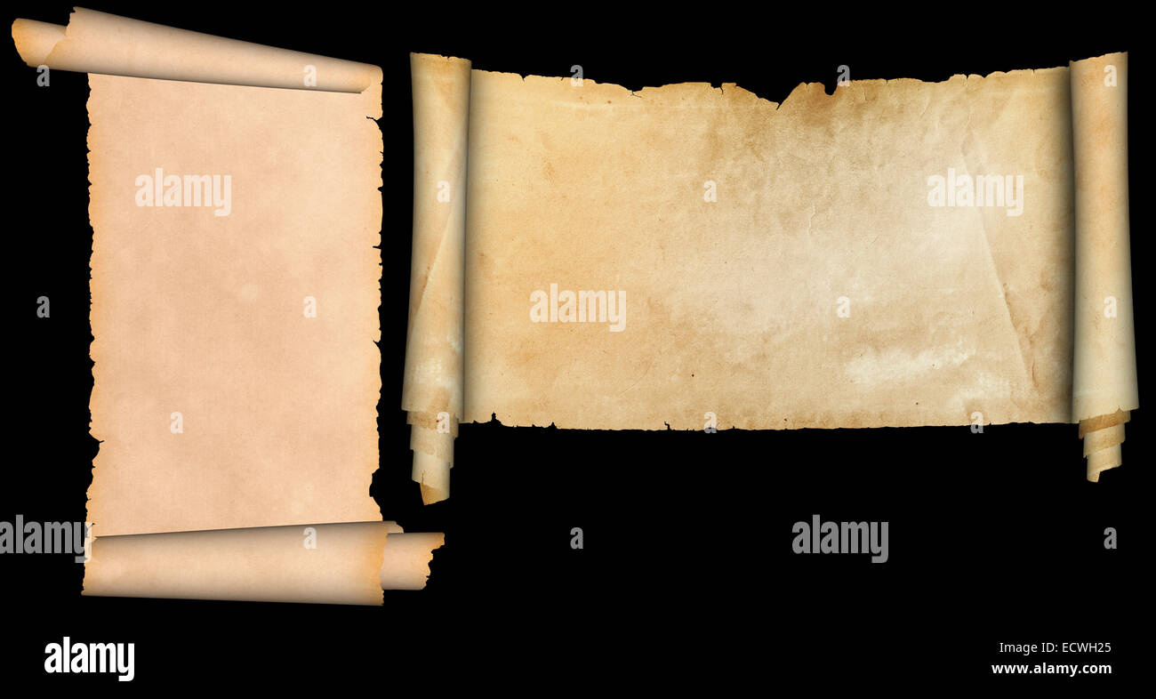 Two medieval scrolls of parchment on black background Stock Photo - Alamy