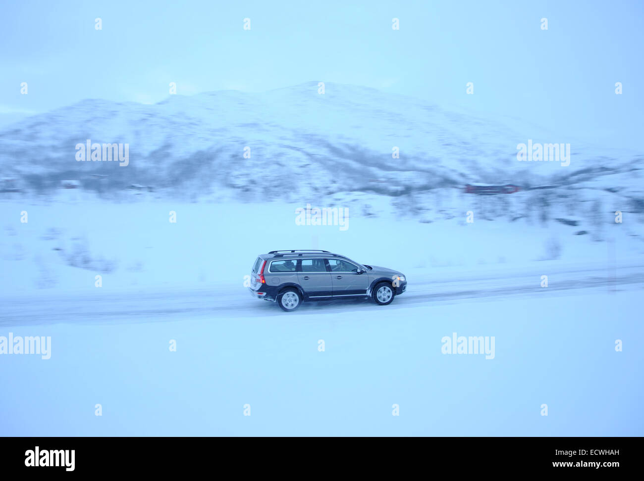 Car driving on snow and ice near the arctic circle in Sweden. Volvo ...