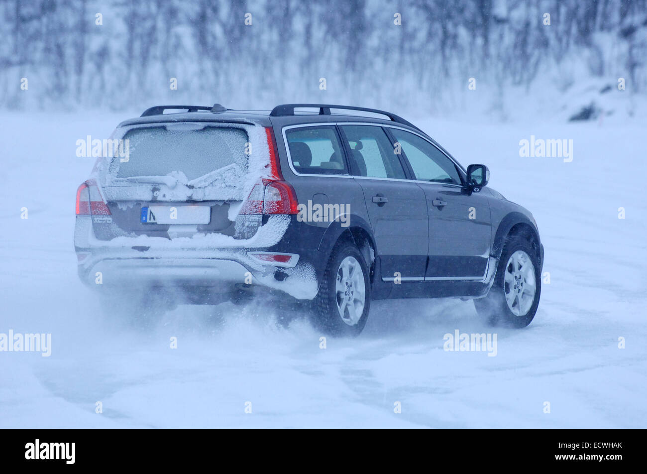 Car driving on snow and ice near the arctic circle in Sweden. Volvo ...