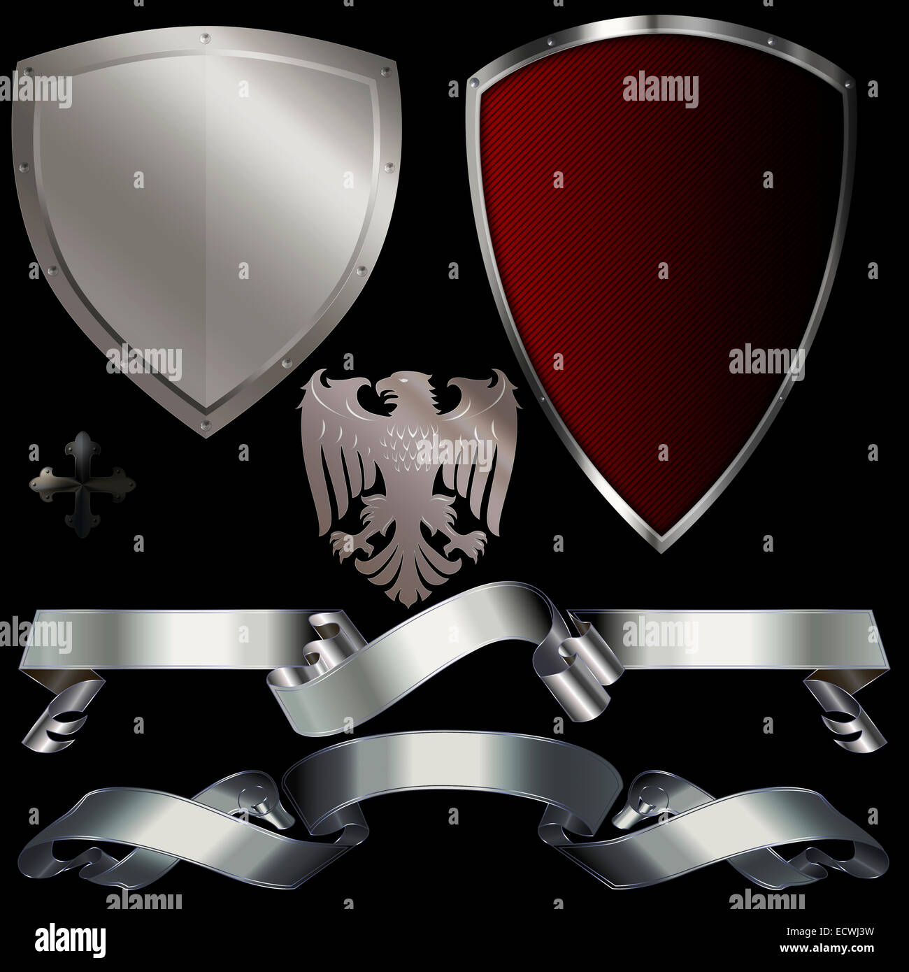 Two shields with two ribbons on a black background and heraldic ...